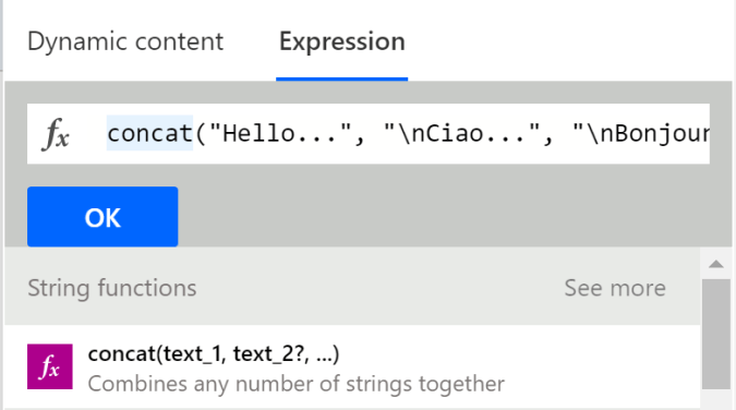 Power Automate: String Building | console.log('Charles');